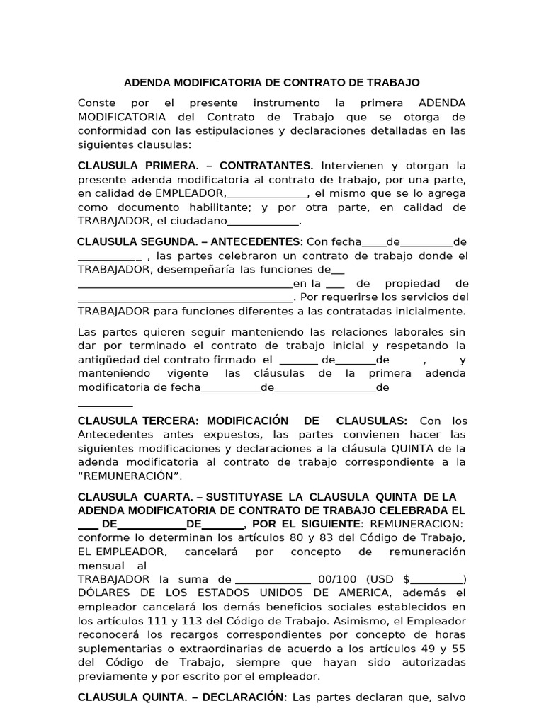 Adenda Modificatoria de Contrato de Trabajo | PDF