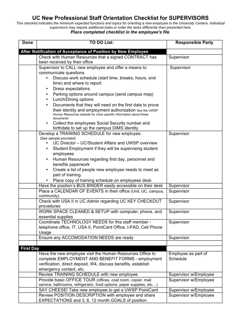 Professional Staff Orientation Checklist for Supervisors Template | PDF