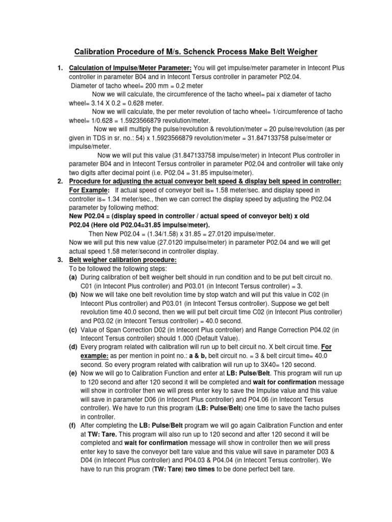 Belt Weigher Calibration Procedure | PDF