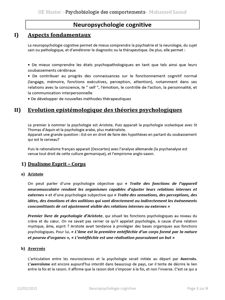Cours - Psychologie Cognitive | PDF