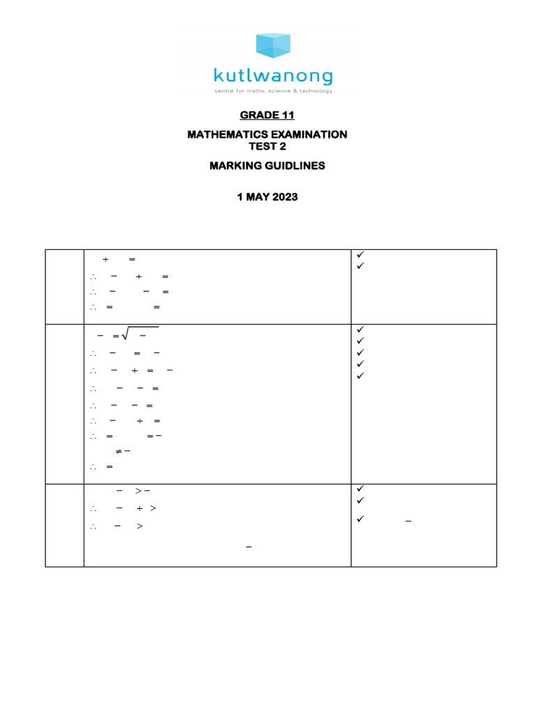 Grade 11 Mathematics Test 2 Memorandum (1 May 23) - 105053 | PDF