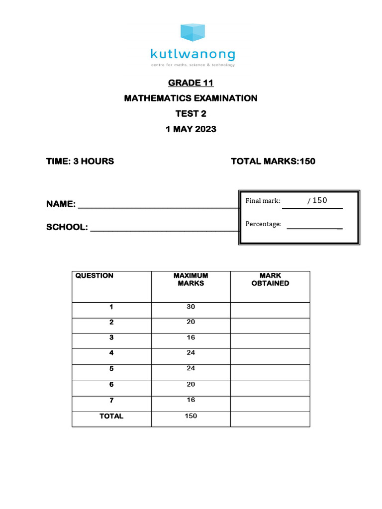 Grade 11 Mathematics Test 2 (1 May 23) - 1 - 105202 | PDF