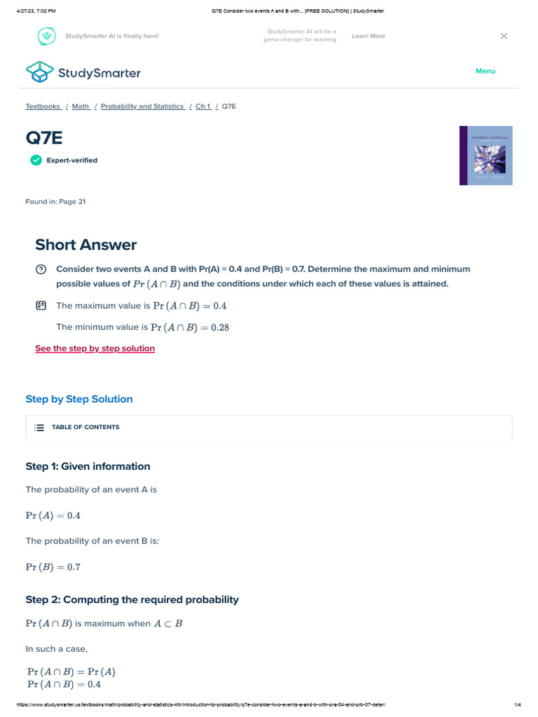Q7E Consider Two Events A and B With... (FREE SOLUTION) - StudySmarter ...