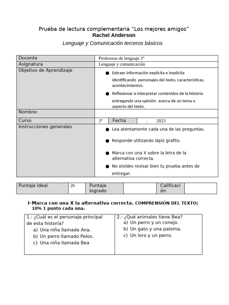Prueba Los Mejores Amigos 3° | PDF