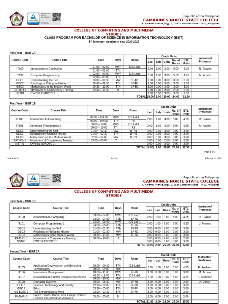 1ST Sem 2024 2025 Class Program Bsit After5pm | PDF