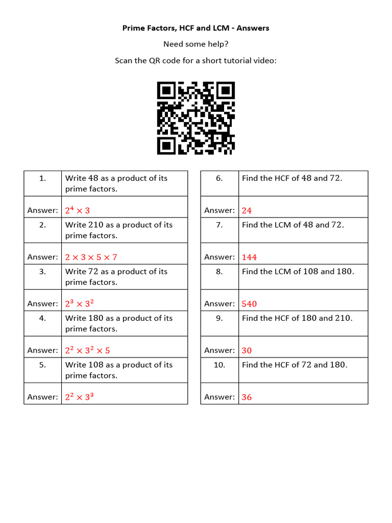 4 Prime Factors HCF LCM Answers | PDF