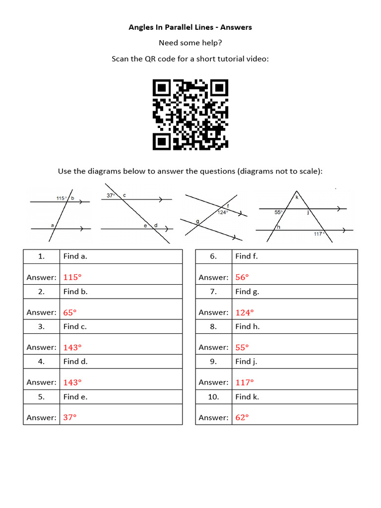 4 Angles in Parallel Lines - Answers | PDF