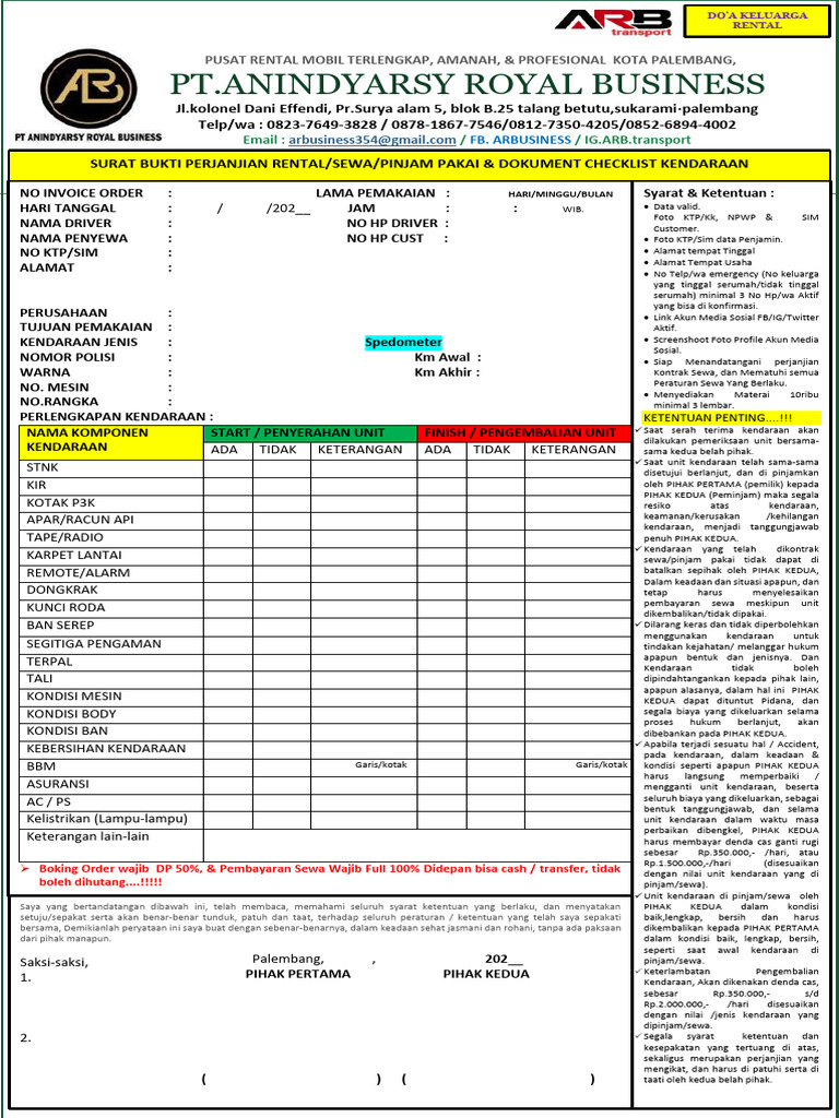 Form Cheklist TEAM Rental Mobil - Arb | PDF