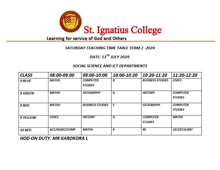 SATURDAY TIMETABLE 13TH JULY 2024 | PDF