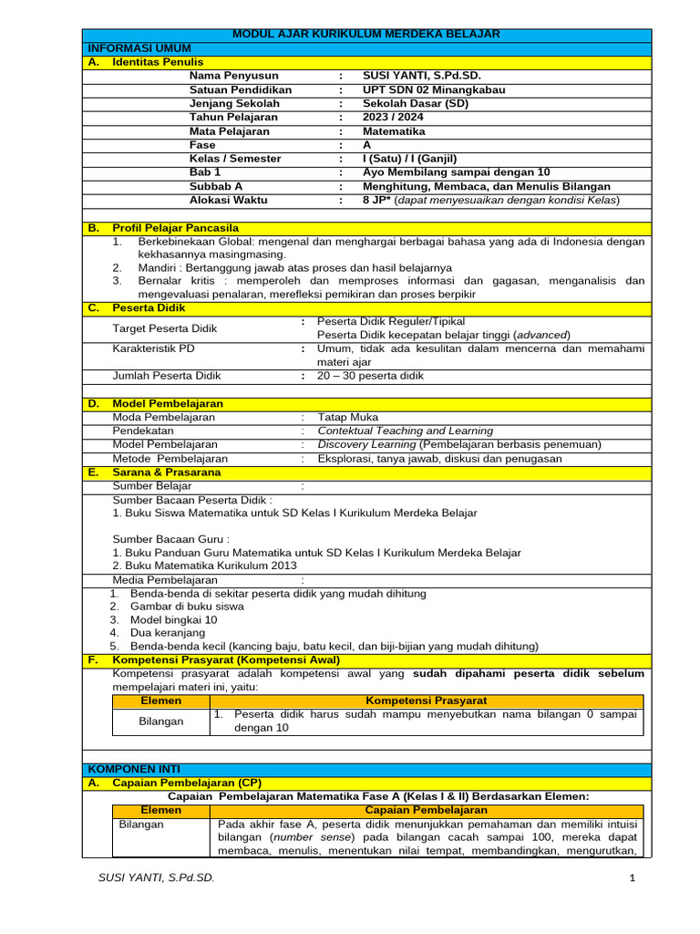 Modul MTK Kls 1 Sms 1 | PDF