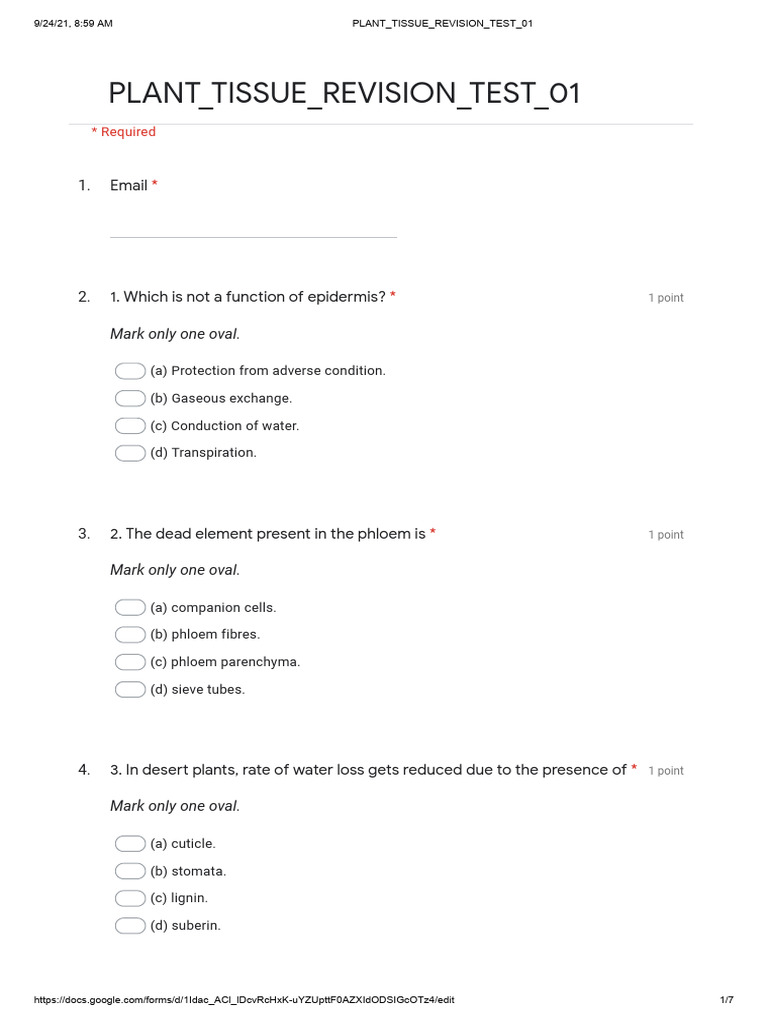 Plant Tissue Revision Test Questions | PDF | Tissue (Biology) | Anatomy