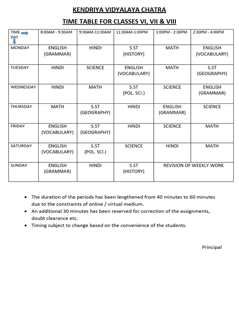 Time Table For Class Vi, Vii and Vii For Online Classes | PDF