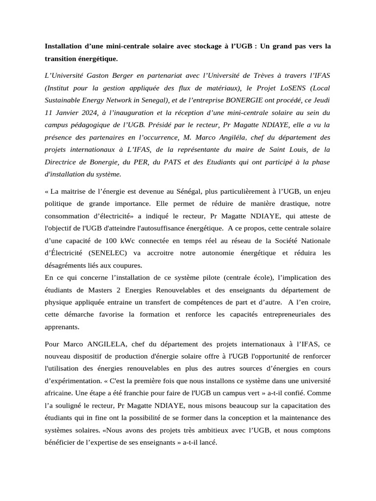 Inauguration Mini Centrale Solaire | PDF