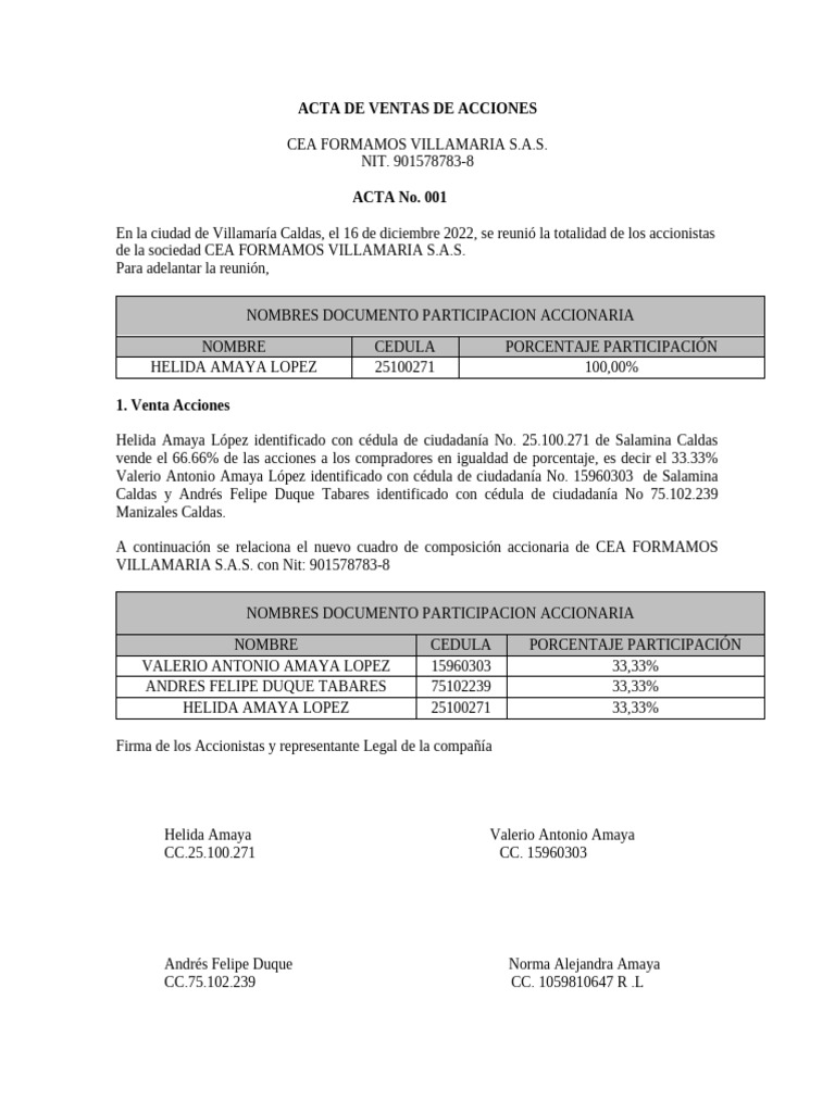 Modelo Acta Venta Acciones S.A.S. | PDF