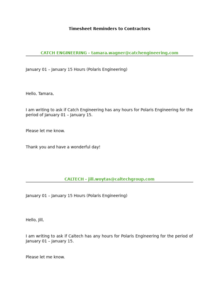 Timesheet Reminders To Contractors | PDF
