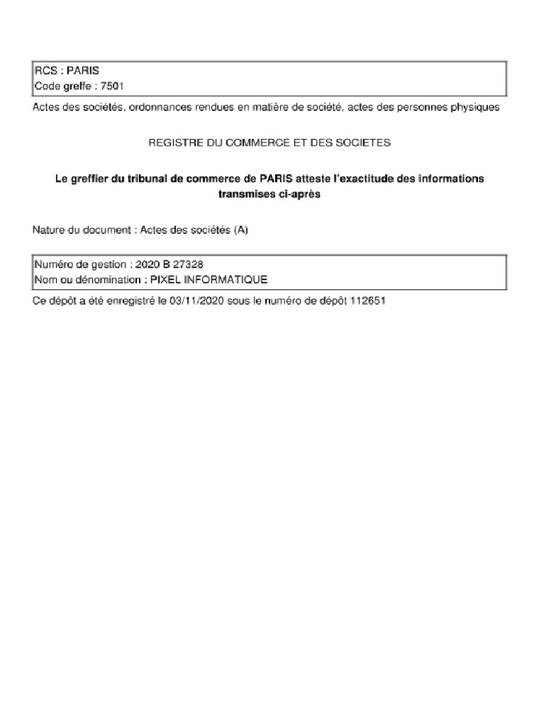 PIXEL INFORMATIQUE - Statuts Constitutifs | PDF