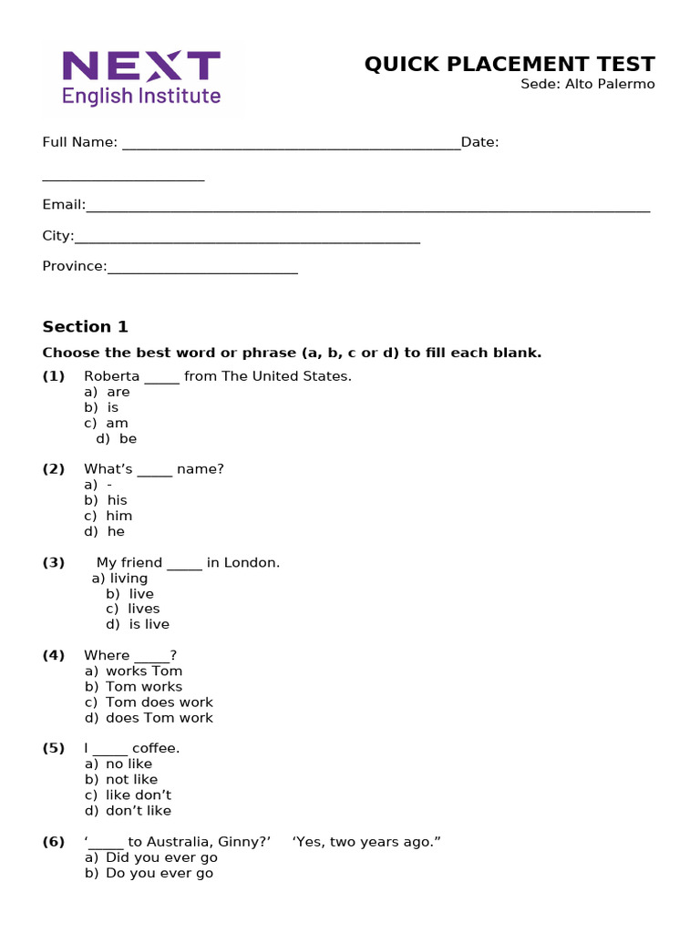 Quick Placement Test 2024 | PDF