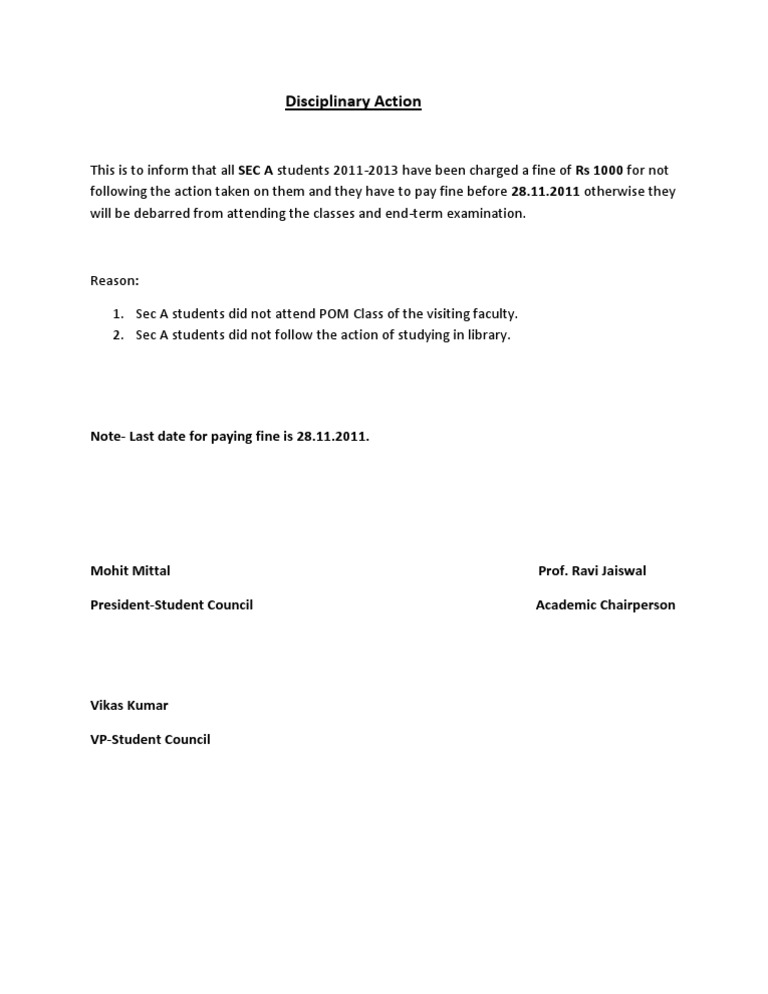 SEC A Students Disciplinary Fine Notice | PDF