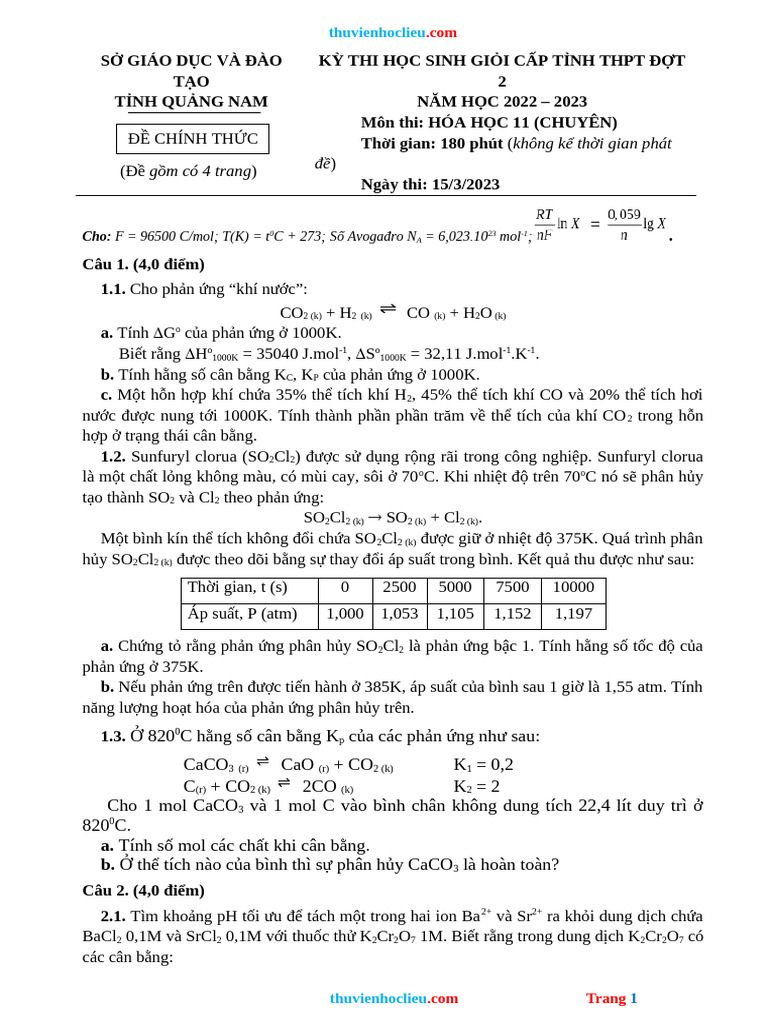 De Thi HSG Hoa 11 Quang Nam 22 23 | PDF