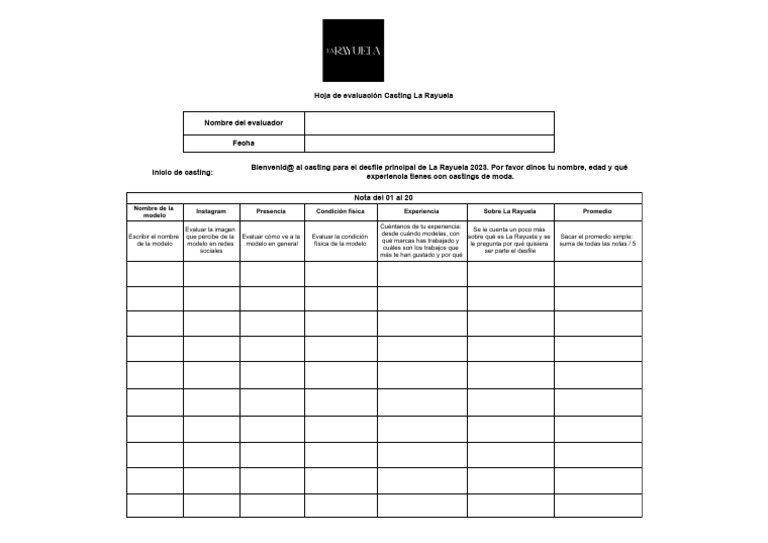 Formulario de Evaluación Castings La Rayuela | PDF