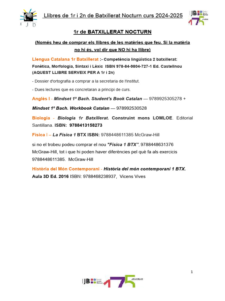 Llibres Batxillerat Nocturn Curs 2024 2025 | PDF
