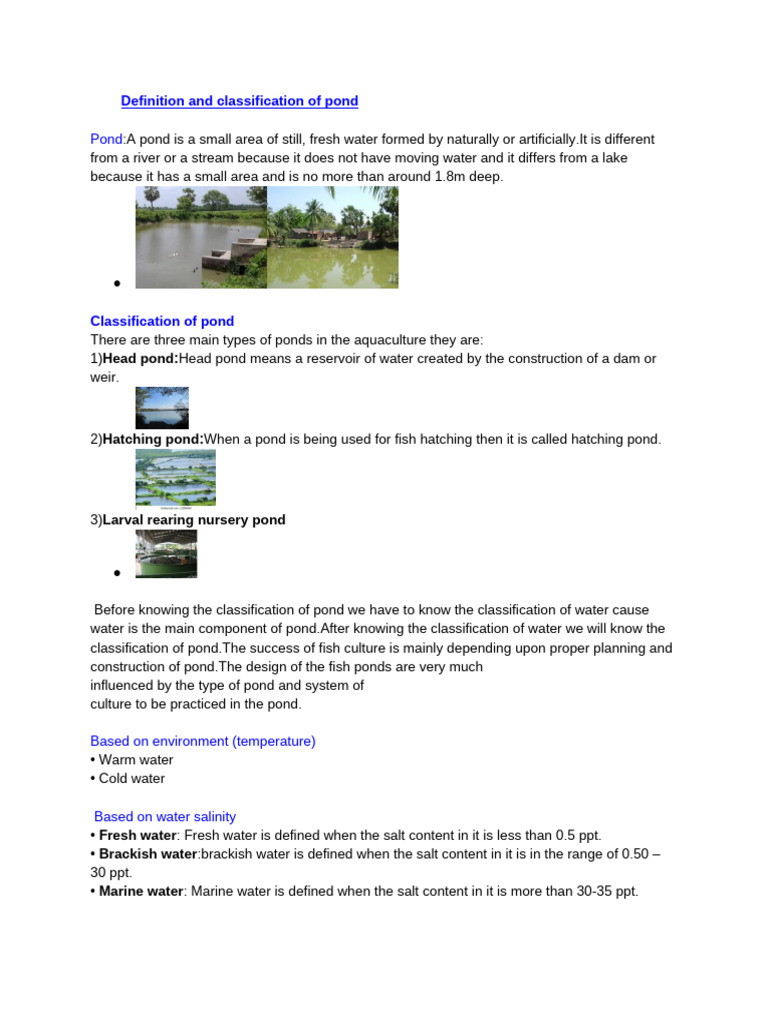 Definition and Classification of Pond | PDF