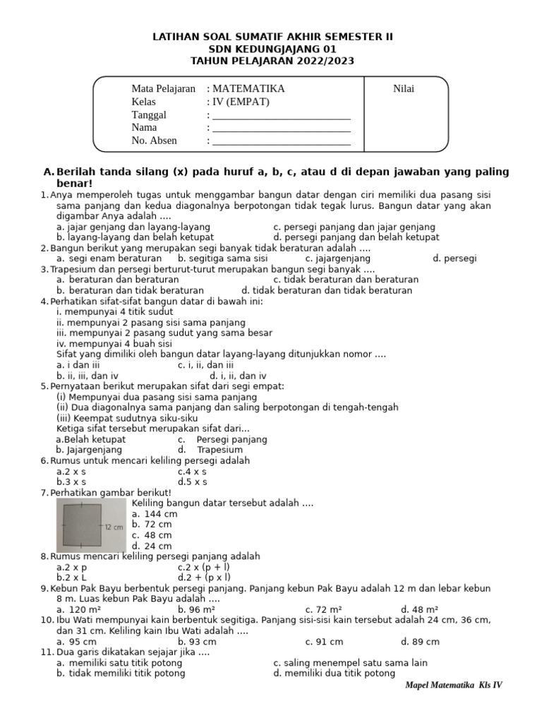 Soal Sat Matematika Kelas 4 Semester 2 | PDF