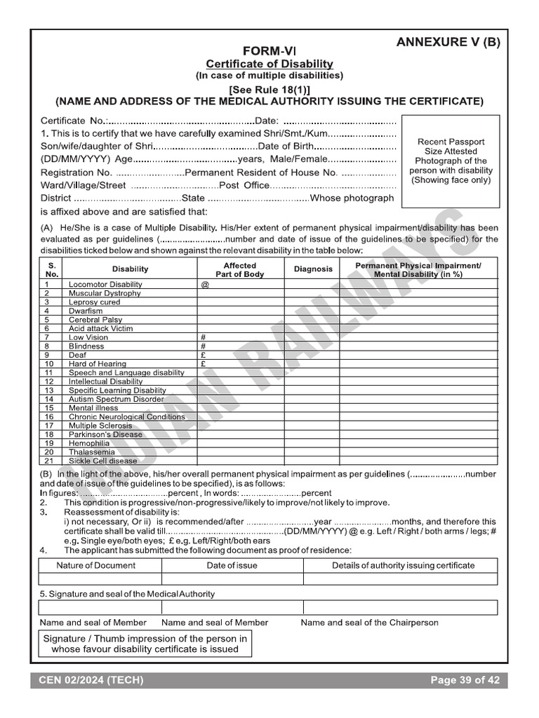 Disability Certificate MD Form VI CEN 02 2024 Annexure VB | PDF