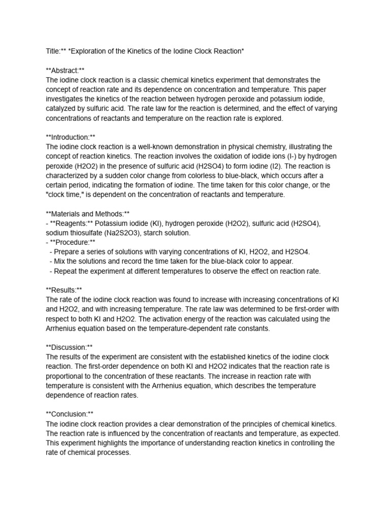 Exploration of The Kinetics of The Iodine Clock Reaction | PDF ...