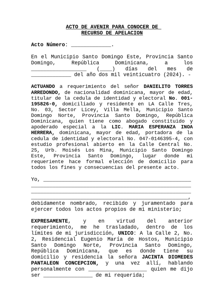 Acto de Avenir - Danielito Torres - Lida. Maria E. Inoa Herrera | PDF