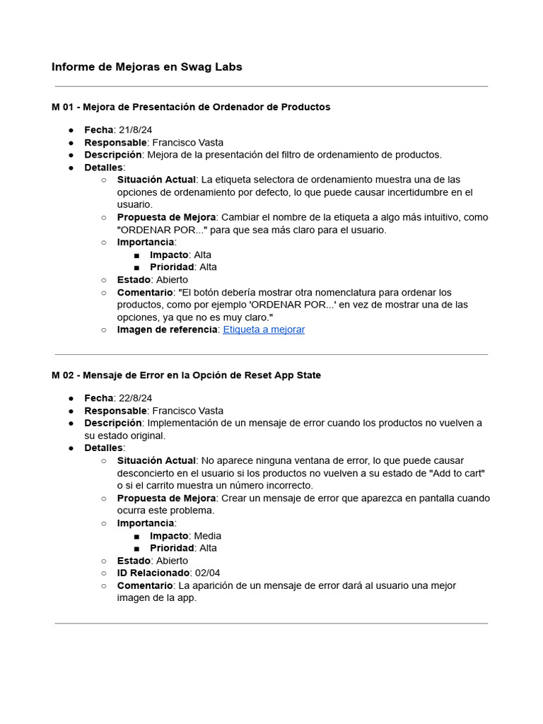 Informe de Mejoras en Swag Labs - Documentos de Google | PDF