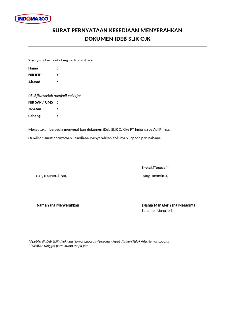Lamp 1 - Surat Pernyataan Kesediaan Menyerahkan Dokumen IDeb SLIK OJK | PDF