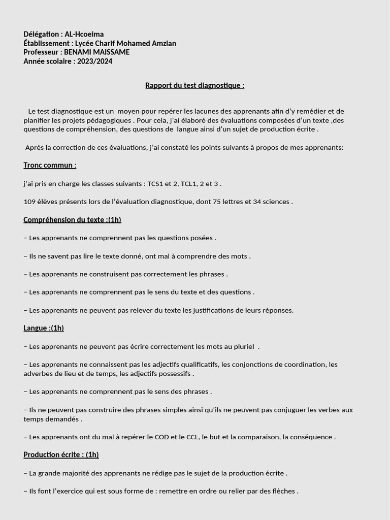 Rapport Du Test Diagnostique (Exemple) | PDF
