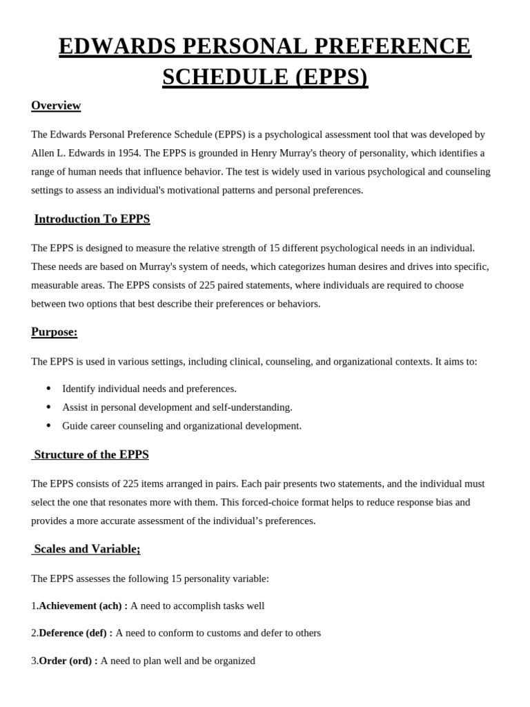 Edwards Personal Preference Schedule | PDF