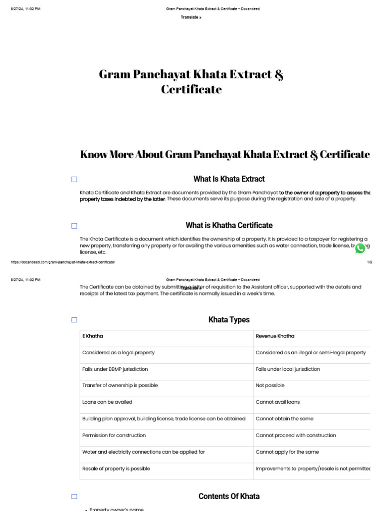 Gram Panchayat Khata Extract & Certificate - Docandeed | PDF
