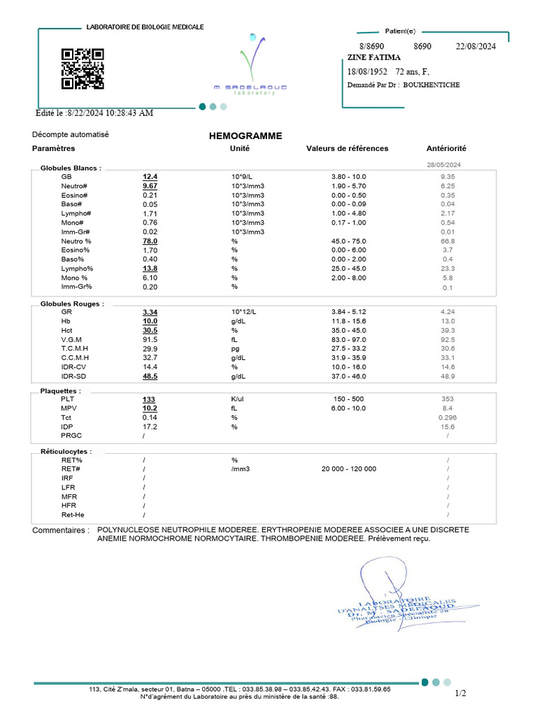 Hemogramme: 8/8690 8690 22/08/2024 18/08/1952 72 Ans, F | PDF
