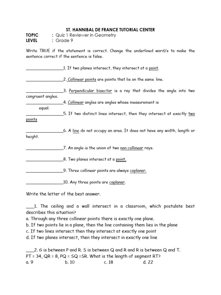 GRD 9 - Quiz 1 Basic Concepts in Geometry US | PDF