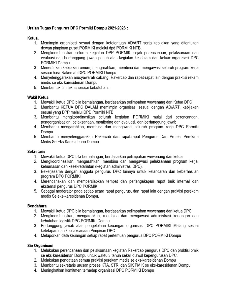 Uraian Tugas Pengurus DPC Pormiki Dompu 2021 | PDF