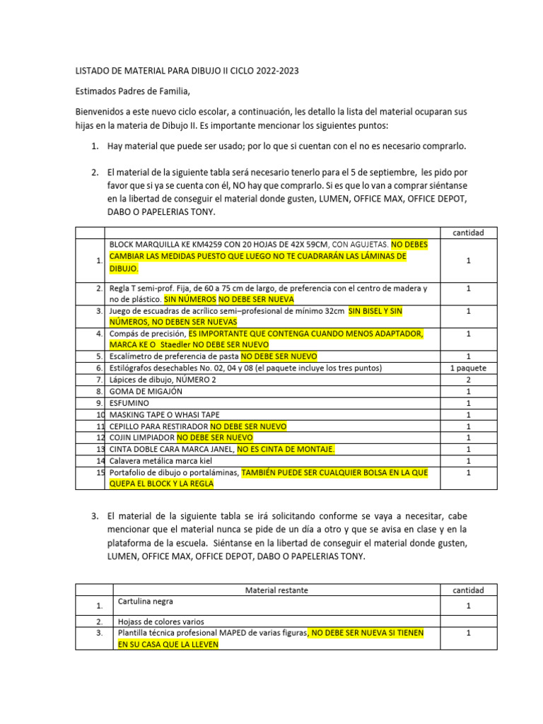 Listado de Material para Dibujo Ii | PDF