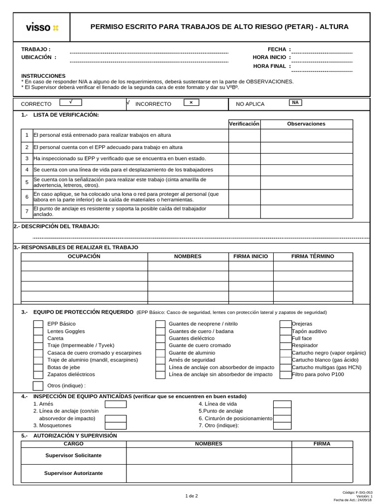 F-Sig-053 Permiso Escrito para Trabajos de Alto Riesgo (Petar) - Altura | PDF