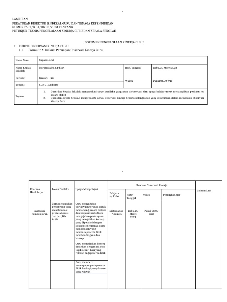 Rubrik Observasi Kinerja Guru (Formuir A-D) - SUPARNI, S.Pd... | PDF