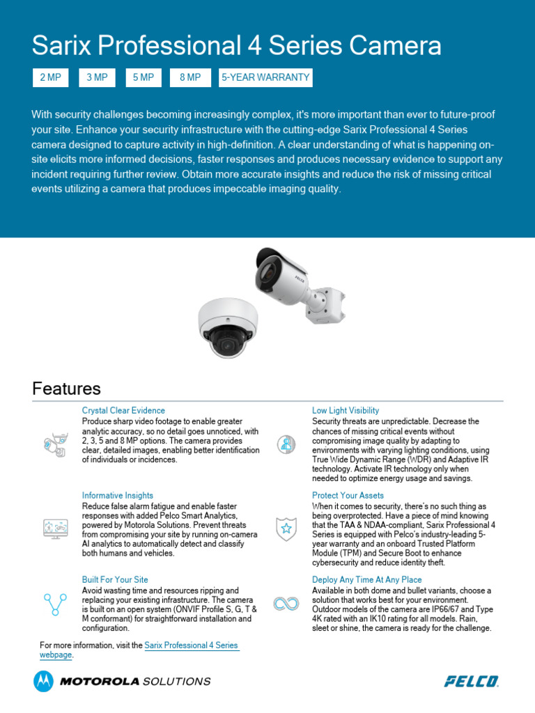 Pelco Sarix Pro 4 Specification Sheet en - v2 | PDF