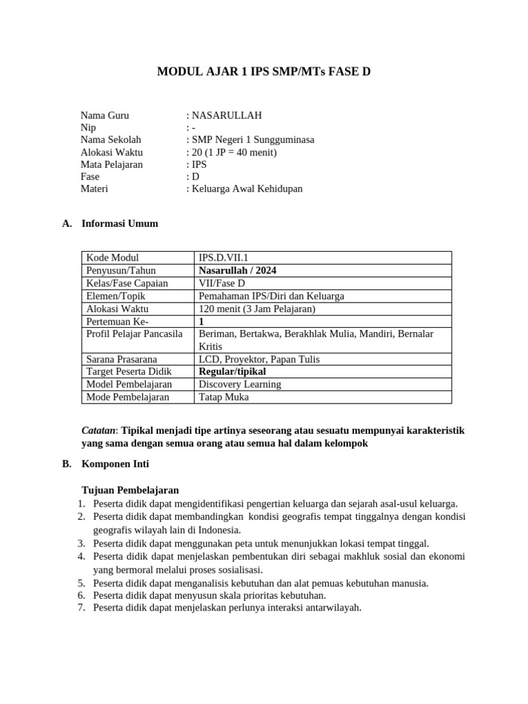 Ips SMP Kelas Vii - Modul Ajar 1.1 (Bab 1) | PDF