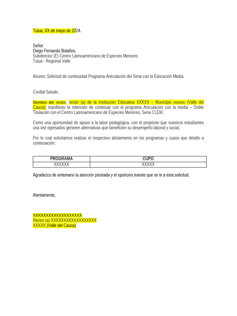 Oficio Solicitud de Continuidad Programa Articulación Con La Media 2023 - 2024 | PDF