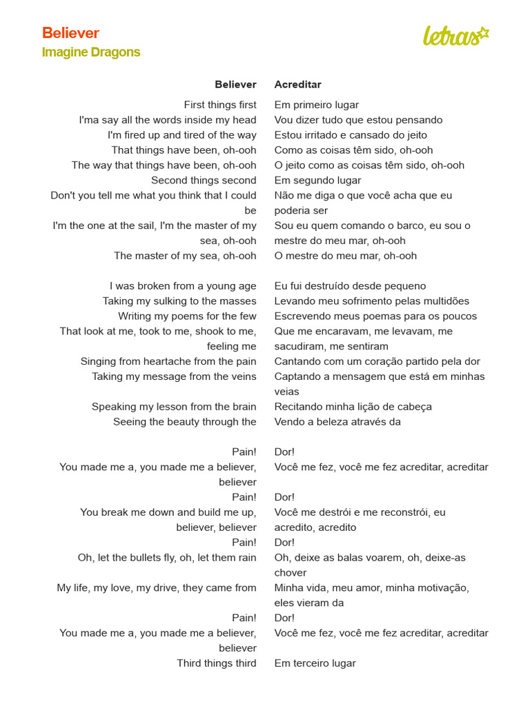 BELIEVER (TRADUÇÃO) - Imagine Dragons (Impressão) | PDF