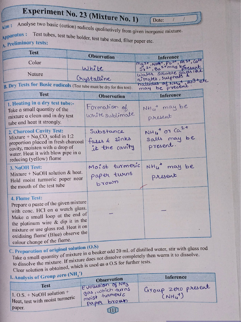 Chemistry Practical For Qualitative Analysis of Two Cations (Basic ...