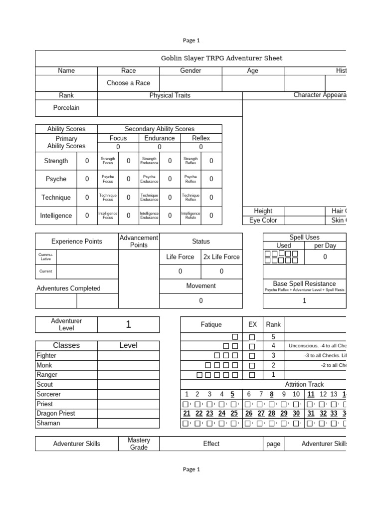 Goblin Slayer Self-Calculating Character Sheet-V1-0a | PDF