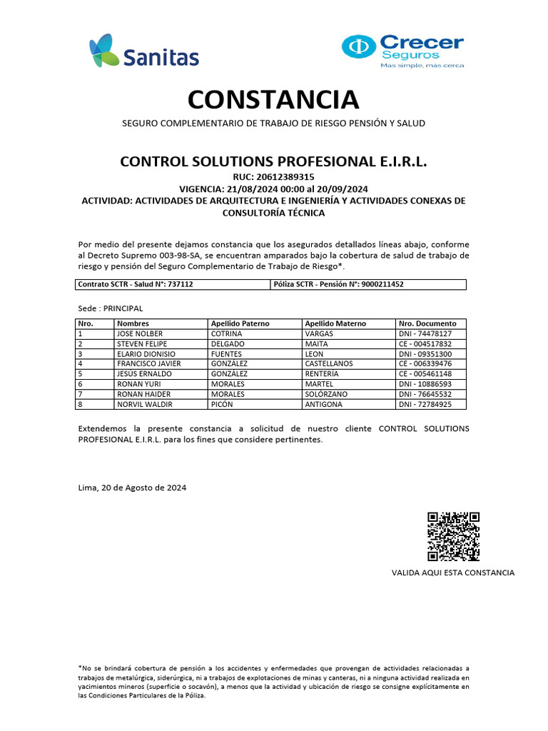 Constancia - Poliza SCTR Control Solution | PDF