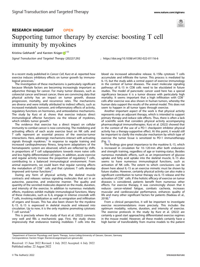 Supporting Tumor Therapy by Exercise: Boosting T Cell Immunity by ...