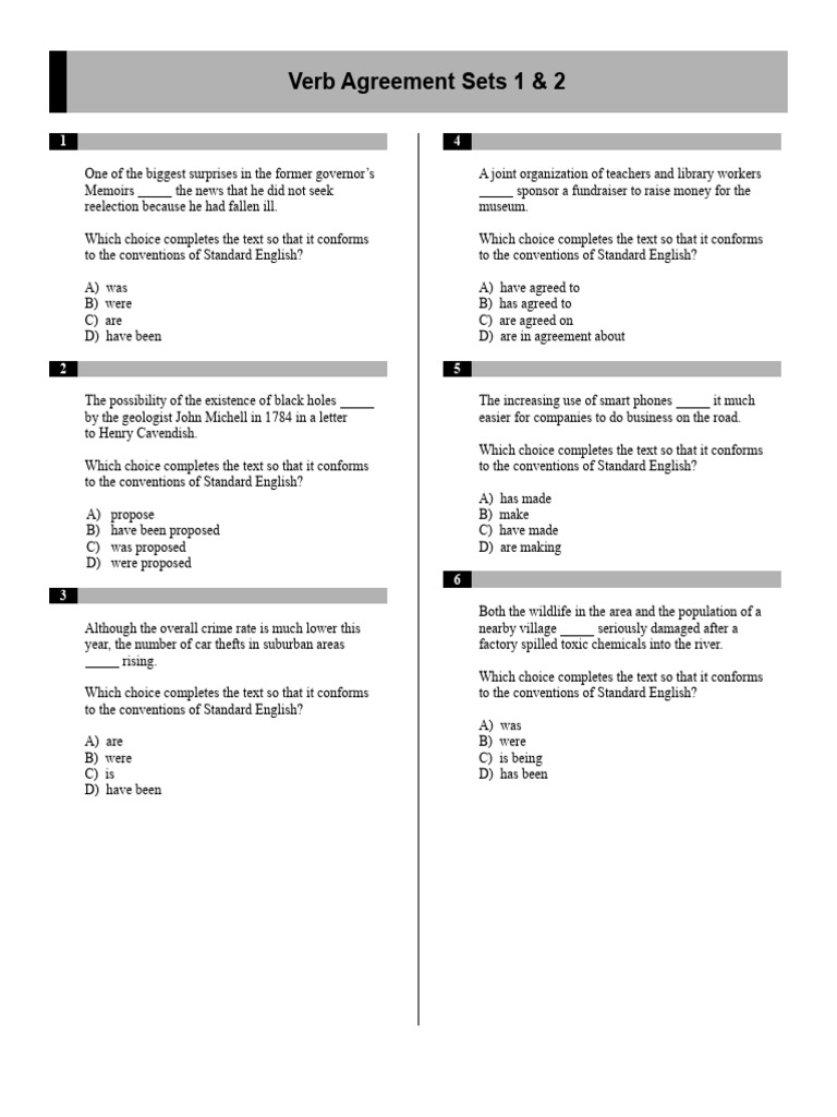 Worksheet - W1 Verb Agreement | PDF
